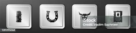 선인장 말굽 버팔로 두개골과 원하는 서부 포스터 아이콘을 설정합니다 실버 스퀘어 버튼 벡터 개척시대의 서부에 대한 스톡 벡터 아트 및 기타 이미지 Istock