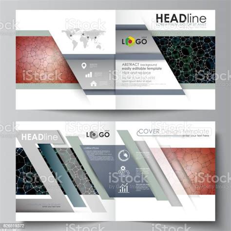 사각형 디자인 Bi에 대 한 비즈니스 템플릿 접어 소책자 플라이어 커버 전단지 레이아웃 벡터 화학 패턴 분자 질감 다각형 분자 구조 셀 의학 미생물학 개념 2단 브로슈어에