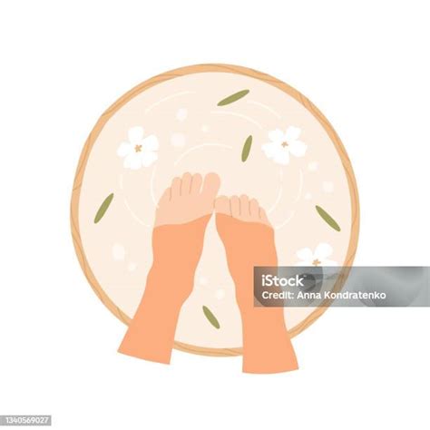 페디큐어 스파 물 꽃과 스파 그릇에 그녀의 발을 담그고 여자 스파 트리트먼트 컨셉 만화 스타일의 벡터 일러스트레이션 족욕에 대한 스톡 벡터 아트 및 기타 이미지 Istock