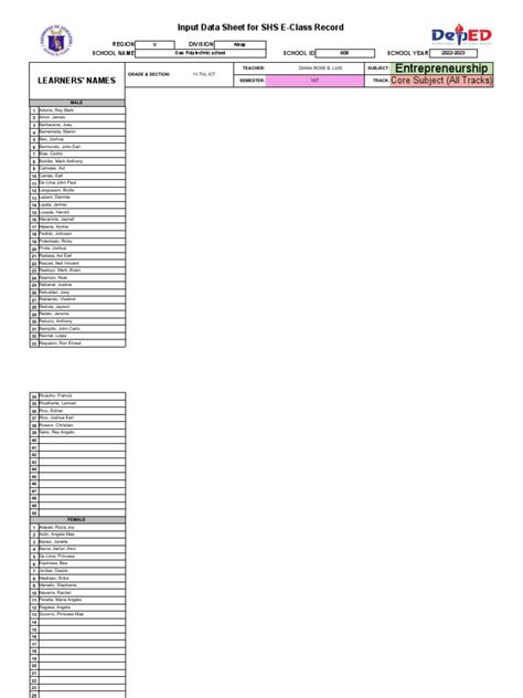 Shs E Class Record Entrep Tvl Ict Pdf