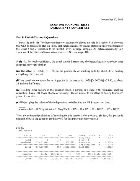 Assignment 6 Answer Key November 17 2021 Econ 301 Econometrics I