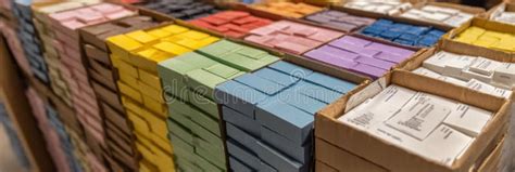 colorful tile spacers stacked in boxes create an organized display in a