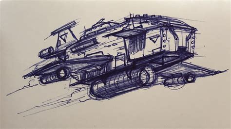 Spaceship Concept Art In Ink Sketch