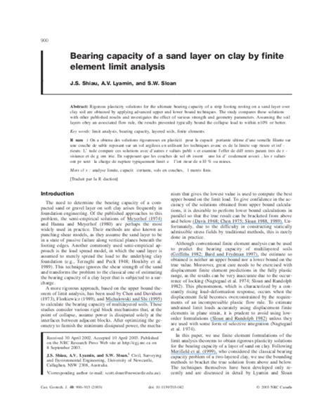 Pdf Bearing Capacity Of A Sand Layer On Clay By Finite Element Limit Analysis