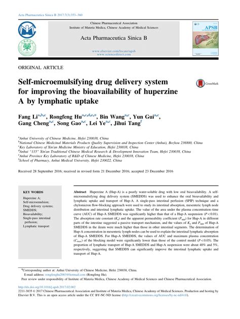 Pdf Self Microemulsifying Drug Delivery System For Improving The Bioavailability Of Huperzine