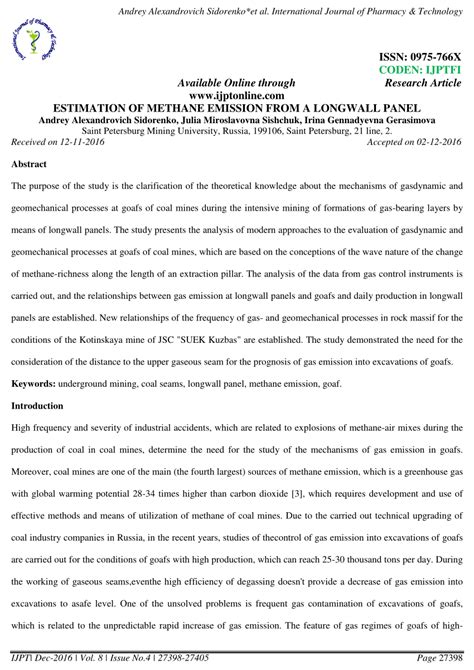 Pdf Estimation Of Methane Emission From A Longwall Panel