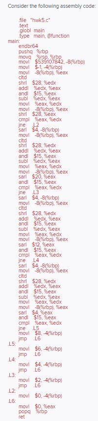solved consider the following assembly code jne file hwk5 c text