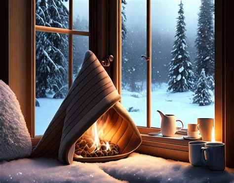 Premium Ai Image A Moment By The Fireside With A Cup Of Cocoa And A View Of Snowflakes Falling