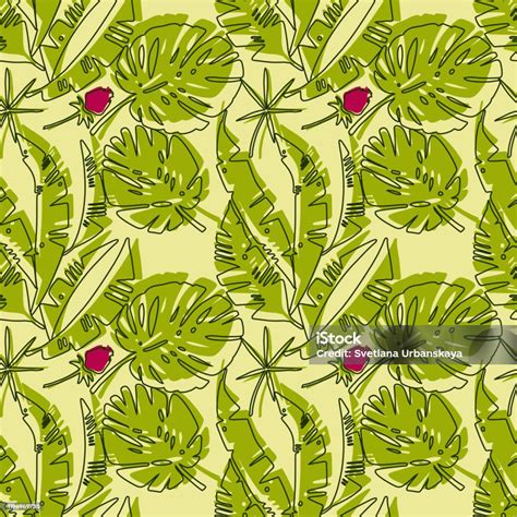 녹색 정글 잎의 벡터 열대 원활한 패턴 직물 디자인 포장 배너 인사말 카드에 대한 벡터 평면 만화 그림 녹색 배경입니다 모던 스타일 꽃 식물에 대한 스톡 벡터 아트 및 기타