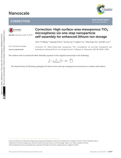 Pdf High Surface Area Mesoporous Tio2 Microspheres Via One Step Nanoparticle Self Assembly For