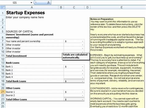 Startup Expenses And Capitalization Spreadsheet Peterainsworth