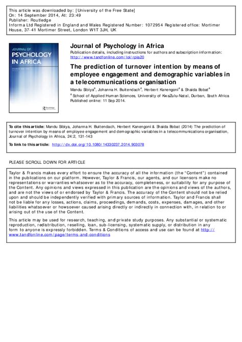 Pdf The Prediction Of Turnover Intention By Means Of Employee Engagement And Demographic