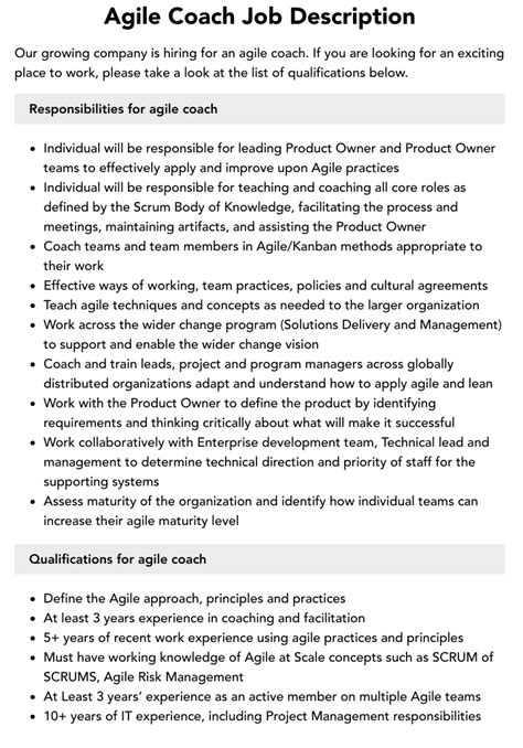 Agile Coach Job Description Velvet Jobs