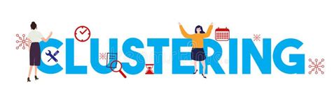 Clustering Statistics Diagram Vector Icon Illustration On Large Text Woman Working On Cluster