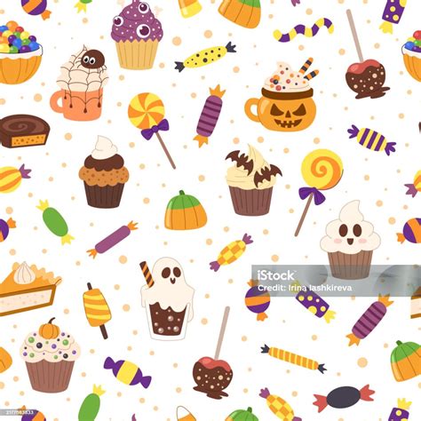 할로윈 과자 완벽 한 패턴입니다 할로윈 사탕과 간식 배경 사탕 컵 케이크 및 기타 과자 10월에 대한 스톡 벡터 아트 및 기타 이미지 Istock