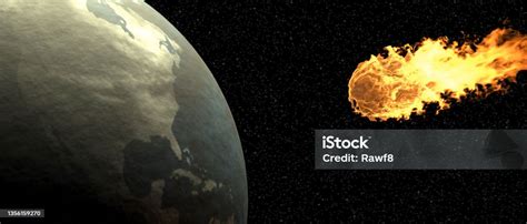 불타는 혜성 소행성 또는 운석이 지구 세계에 떨어지는 검은 하늘 배경 3d 일러스트레이션 3차원 형태에 대한 스톡 사진 및 기타 이미지 Istock