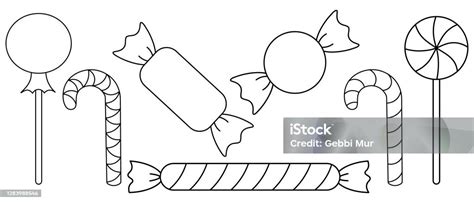 사탕 스케치 벡터 아이콘 컬렉션입니다 어린이를위한 색칠 공부책 격리된 배경의 윤곽선입니다 과자 안 주면 장난칠 거예요 낙서 스타일 달콤한 일러스트레이션 세트 초콜릿 사탕수수