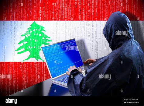 anonymous hooded hacker flag of lebanon binary code cyber attack