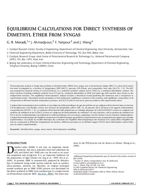 Pdf Equilibrium Calculations For Direct Synthesis Of Dimethyl Ether