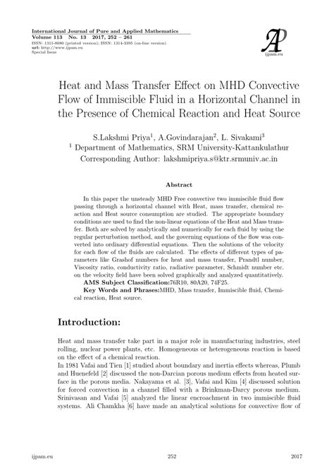 Pdf Heat And Mass Transfer Effect On Mhd Convective Flow Of Immiscible Fluid In A Horizontal