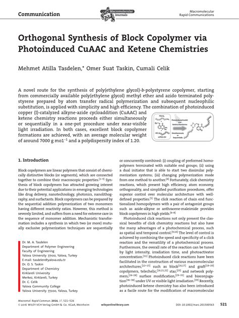 Pdf Orthogonal Synthesis Of Block Copolymer Via Photoinduced Cuaac