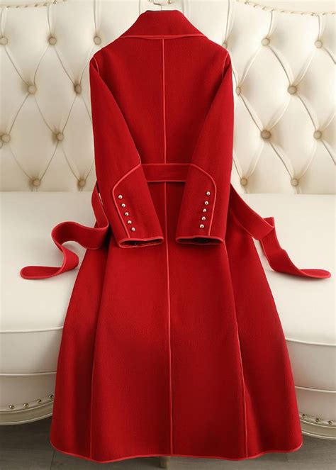 Beautiful Red Notched Tie Waist Woolen Long Coats Fall Coat Fashion