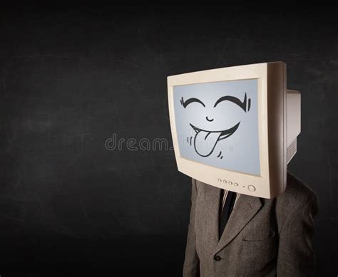 Happy Business Man With A Computer Monitor And A Smiley Face Stock Image Image Of Expression