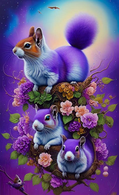 Fluffy Happy Cute Purple Squirrels Playing In A Caleidoscope Of Unique