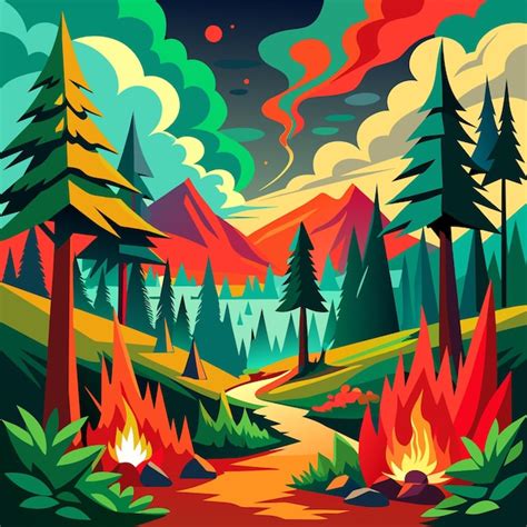 Premium Vector Forest Fire Burning Trees Forest Wildfire Vector