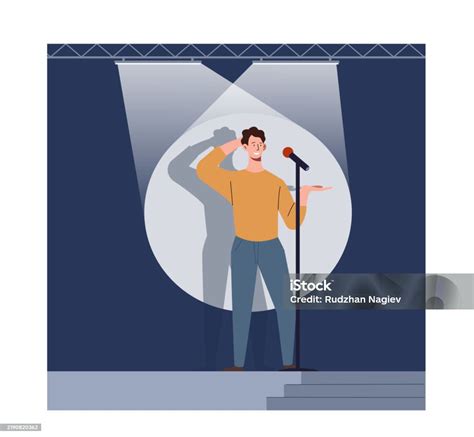스탠드 업 쇼 마이크를 든 남자가 스포트라이트를 받으며 무대에 서 있다 코미디언은 농담을 합니다 공연 및 코믹 쇼 재미와 엔터테인먼트 코미디언 콘서트 평면 벡터 일러스트