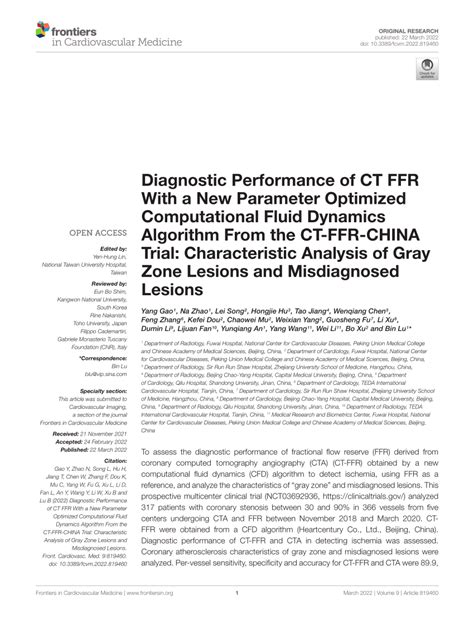 Pdf Diagnostic Performance Of Ct Ffr With A New Parameter Optimized