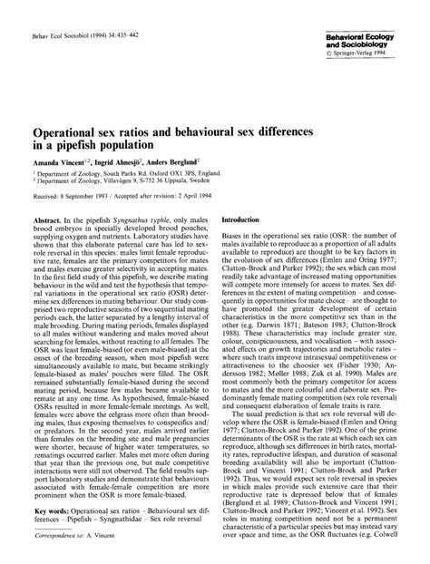 Pdf Operation Sex Ratios And Behavioural Sex Differences In A