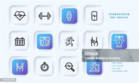 건강한 라이프 스타일 세트 아이콘입니다 스마트 팔찌 스톱워치 체중 감량 신체 활동 저울 디딜 방아 스포츠 일정 맥박 바벨 덤벨 의료 개념 신형성 벡터 선 아이콘 디자인에