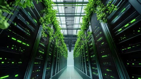 a futuristic data center powered by green energy featuring server