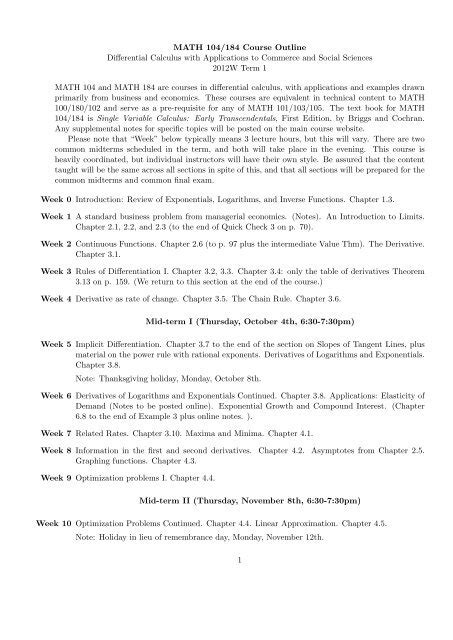 Math 104 184 Course Outline Differential Calculus With Ubc Math