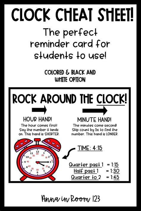 Math Clock Cheat Sheet For Individual Use Telling Time Math Tool Kit