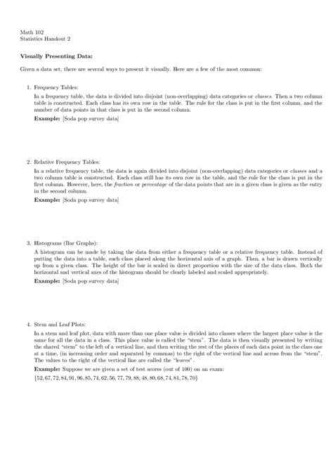 Math 102 Statistics Handout 2 Visually Presenting Data Summaries