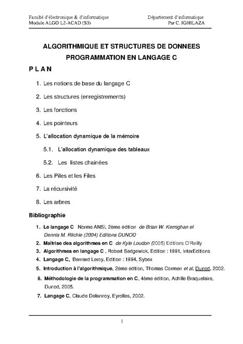 Cours Lgorithmique Et Structures De Donnees Programmation En Langage C Module Algo L2 Acad S3