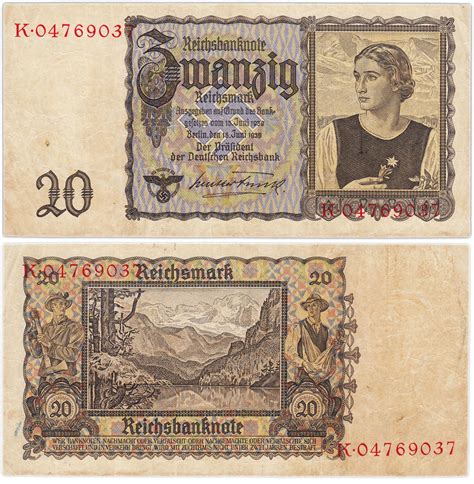 Банкнота германия, Третий рейх 20 рейхсмарок (reichsmark) 1939 ...