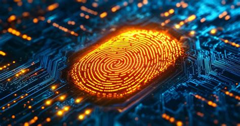 Glowing Orange Fingerprint On Circuit Board Symbolizing Digital Security Biometrics Stock