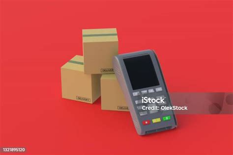 골판지 상자 근처에 플라스틱 카드가있는 소형 금전 등록기 소포 배달에 대한 무현금 지불 상품 운송을 위한 즉각적인 거래 도매 및 소매 구매 3d 렌더 3차원 형태에 대한