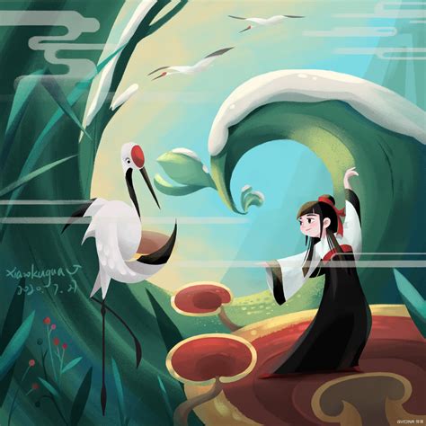 仙鹤与孩童风格插画设计作品 设计人才灵活用工 设计dna