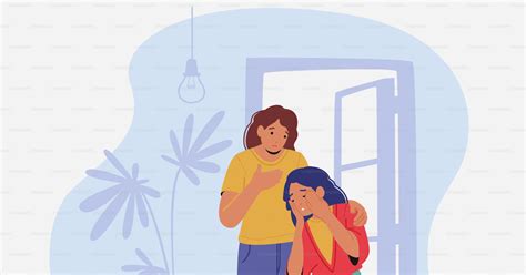 부모 캐릭터 지원 아이 어머니는 거실에서 십대 딸을 위로하고 껴안고 엄마와 소녀가 이야기하고 문제를 공유합니다 기밀 관계 육아 만화 사람들 벡터 일러스트레이션 벡터