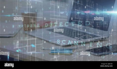 Image Of Cyber Attack Warning And Data Processing Over Laptop Stock