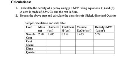 Calculations Calculate The Density Of A Penny Using P Miv Using Equations And A Cent Is Made