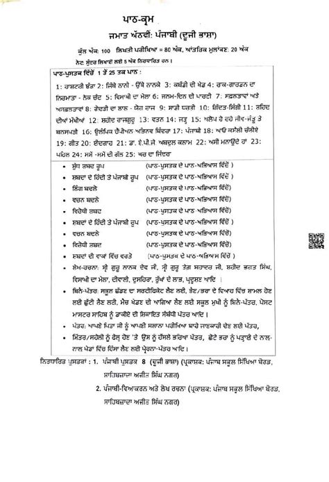Pseb Class 8th Punjabi Second Language Syllabus 2025 Download Latest Punjab Board Class 8