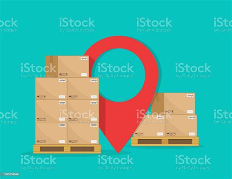 화물 물류 맵 포인터로 배달할 팔레트의 판지 상자입니다 택배의 보관 및 배송을 위한 창고에 상품이 쌓입니다 유통을위한 Gps 서비스와 나무 팔레트에 상자 벡터 3차원 형태에