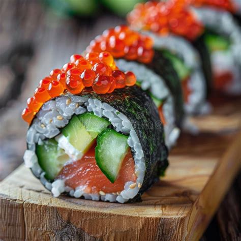 Maki Sushi Roll Set Nori Maki Rolls With Raw Trout Caviar Rice