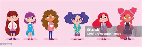 만화 캐릭터 애니메이션 그룹 다양한 얼굴 제스처와 어린 소녀 개념에 대한 스톡 벡터 아트 및 기타 이미지 개념 교육 귀여운 Istock