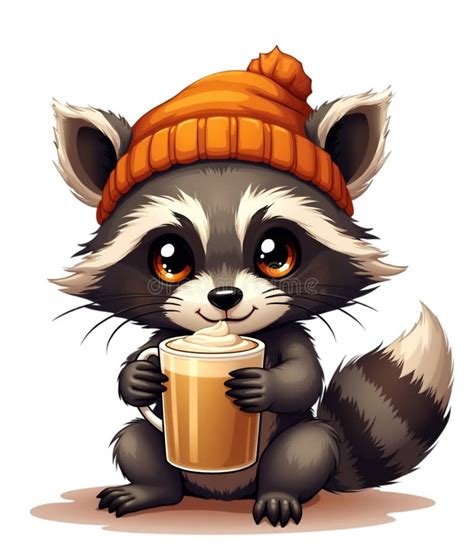 Cute Raccoon And Pumpkin Coffee Stock Image Illustration Of Sketch